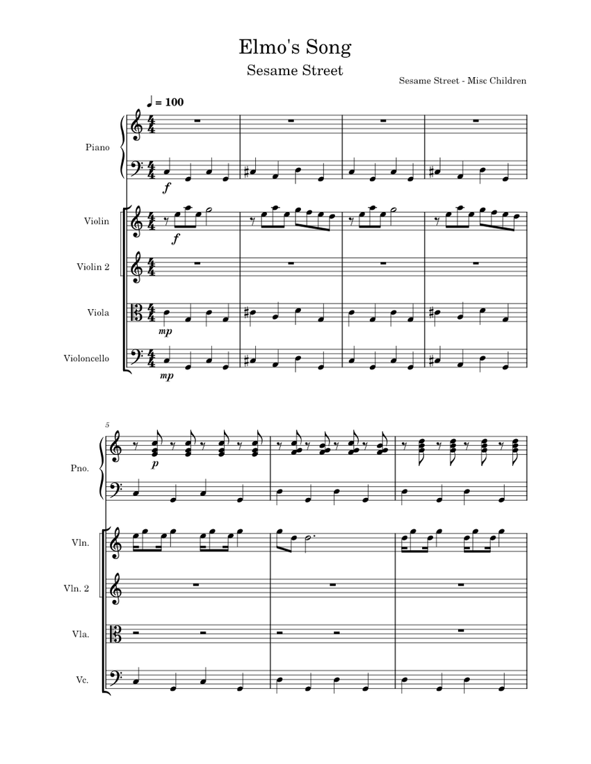 Elmo's Song – Sesame Street Sheet Music for Piano, Violin, Viola, Cello ...