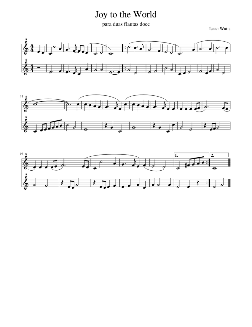 Joy to the World Recorder Duet Sheet music for Recorder (Woodwind Duet ...