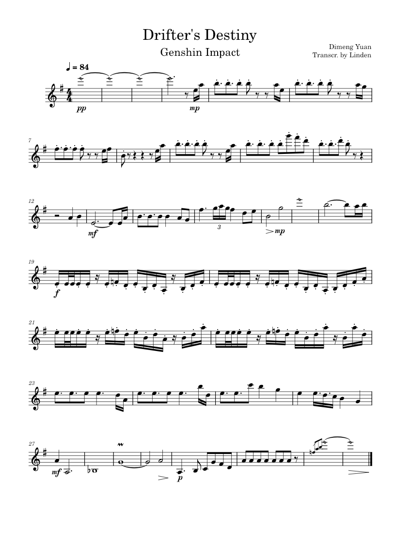 Drifter's Destiny – Dimeng Yuan from Genshin Impact Sheet Music for ...