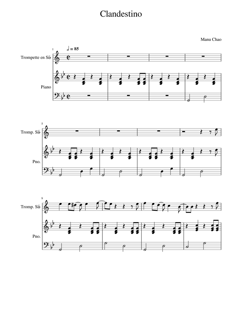 Clandestino – Manu Chao Sheet Music for Piano, Trumpet in b-flat (Mixed ...