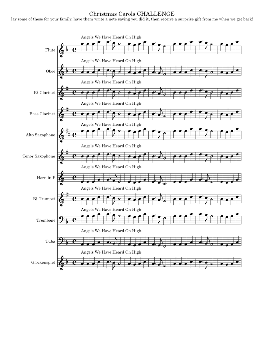 Christmas Carols in unison for Band Instruments Sheet Music for ...