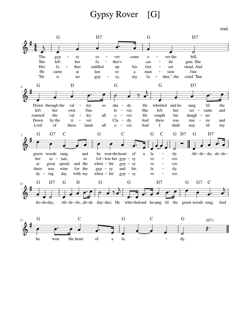 Traditional music - Gypsy Rover Sheet Music with Chords for Piano (Solo ...