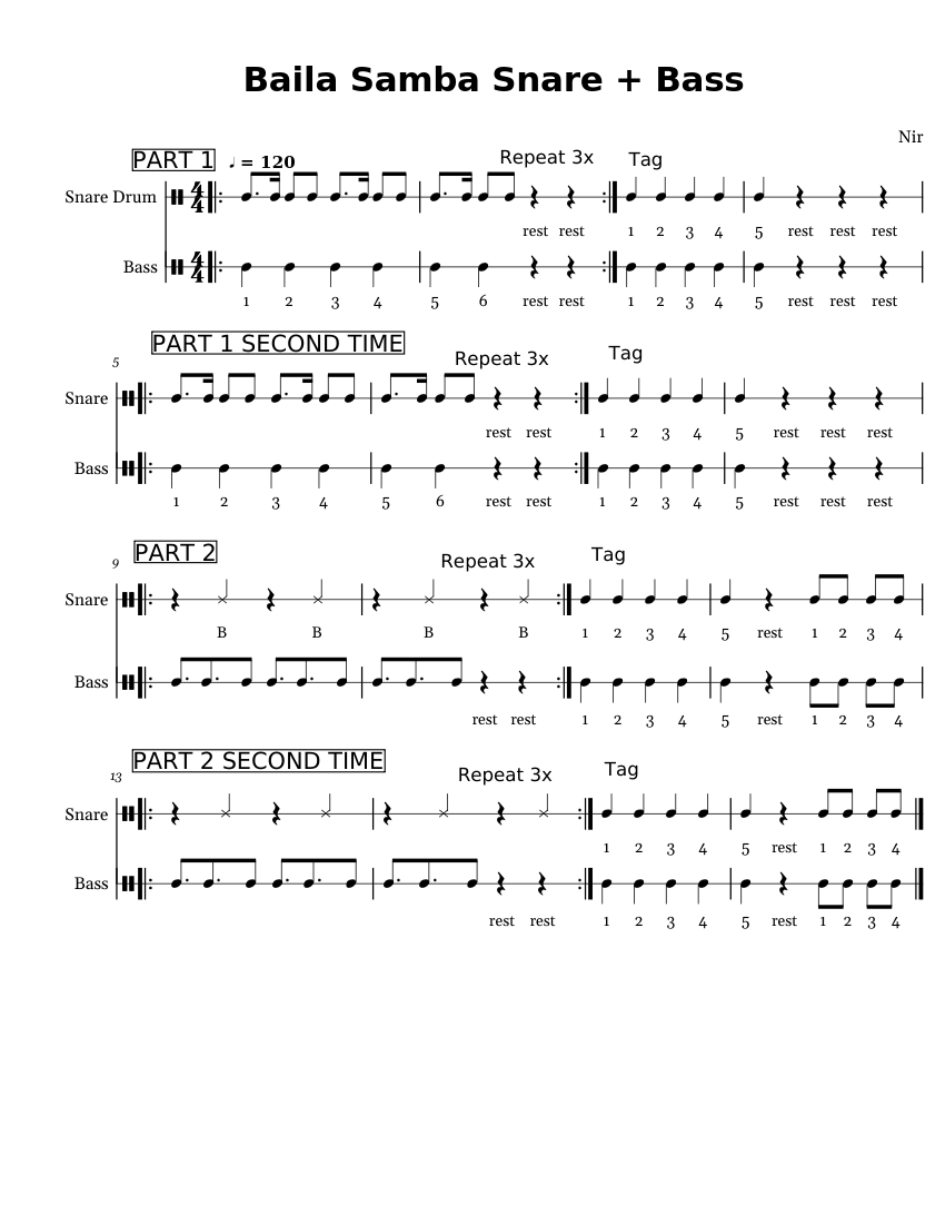 Baila Samba Snare and Bass - Nir Sheet music for Snare drum, Bass drum ...