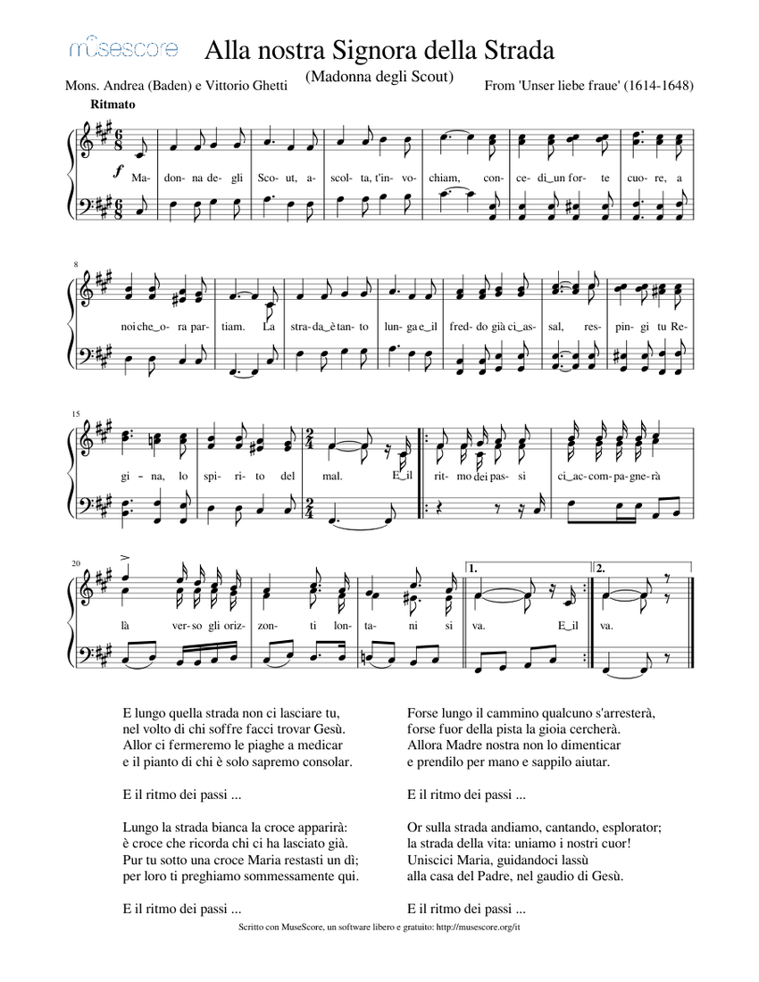 Alla nostra Signora della Strada Sheet Music for Piano (Solo) easy ...