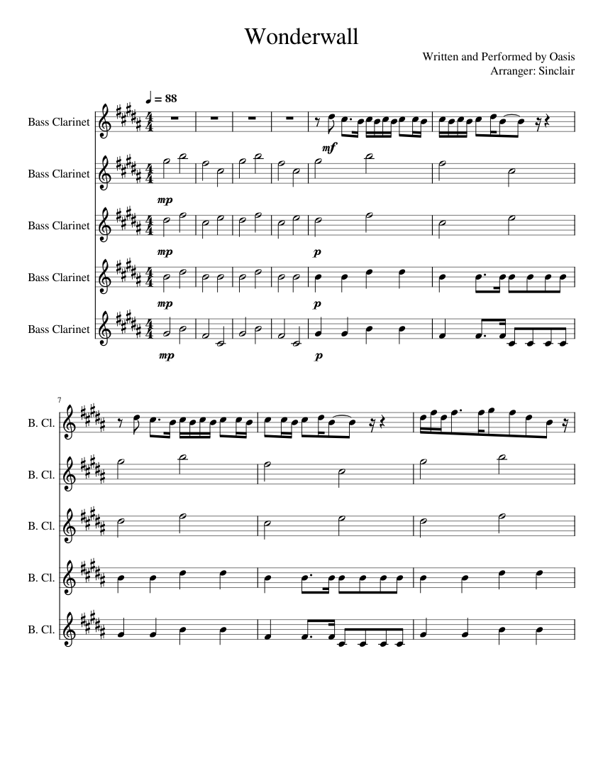 Wonderwall – Oasis Sheet Music for Clarinet bass (Woodwind Quintet ...
