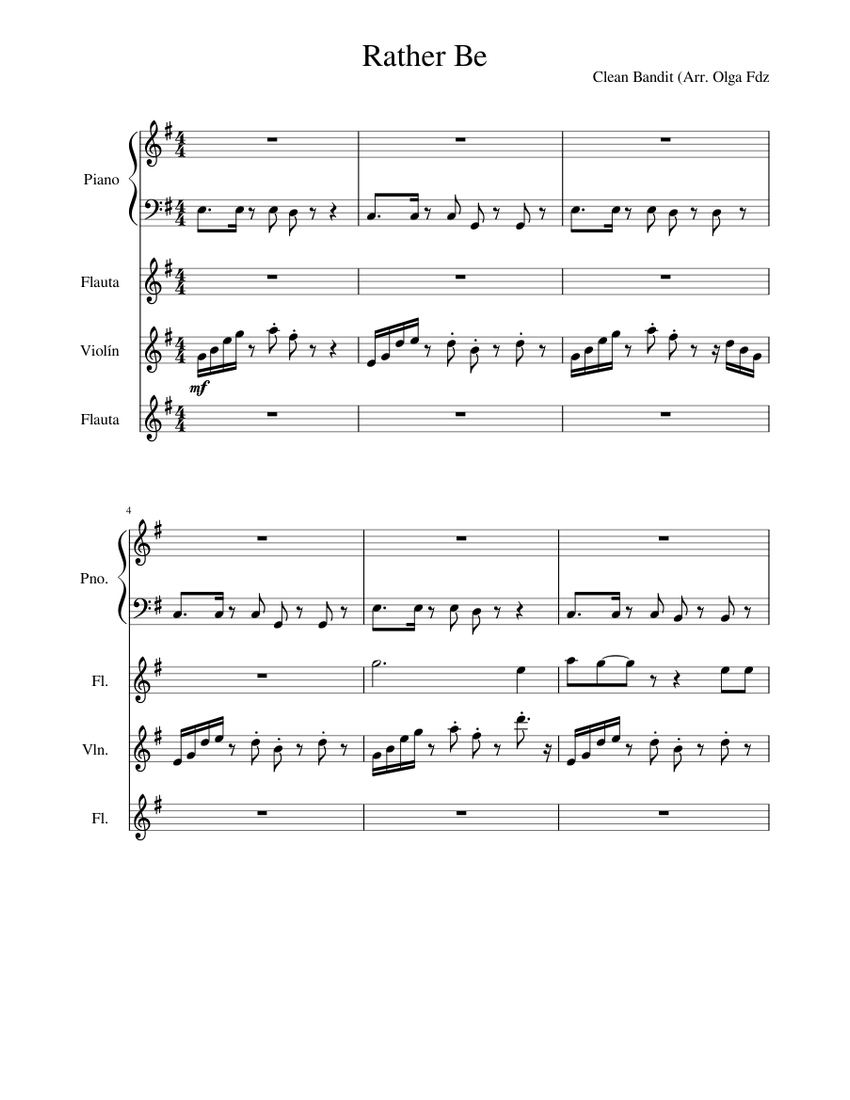Rather Be in g Sheet music for Piano, Flute, Violin (Mixed Quartet ...