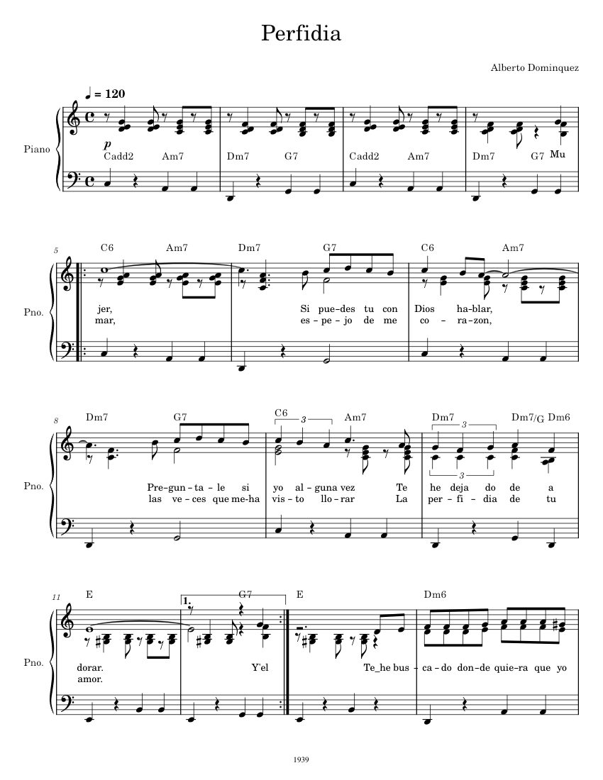 Perfidia – Alberto Domínguez Sheet Music with Chords for Piano (Piano ...