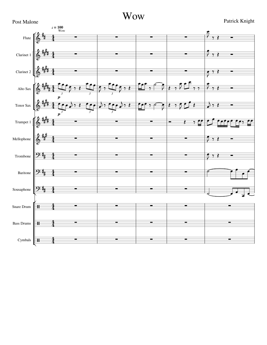 Wow Post Malone Sheet Music for Trombone, Mellophone, Flute, Clarinet ...