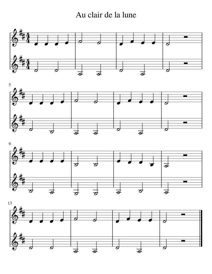 Au clair de la lune duo Sheet Music for Piano (String Duet) Easy ...