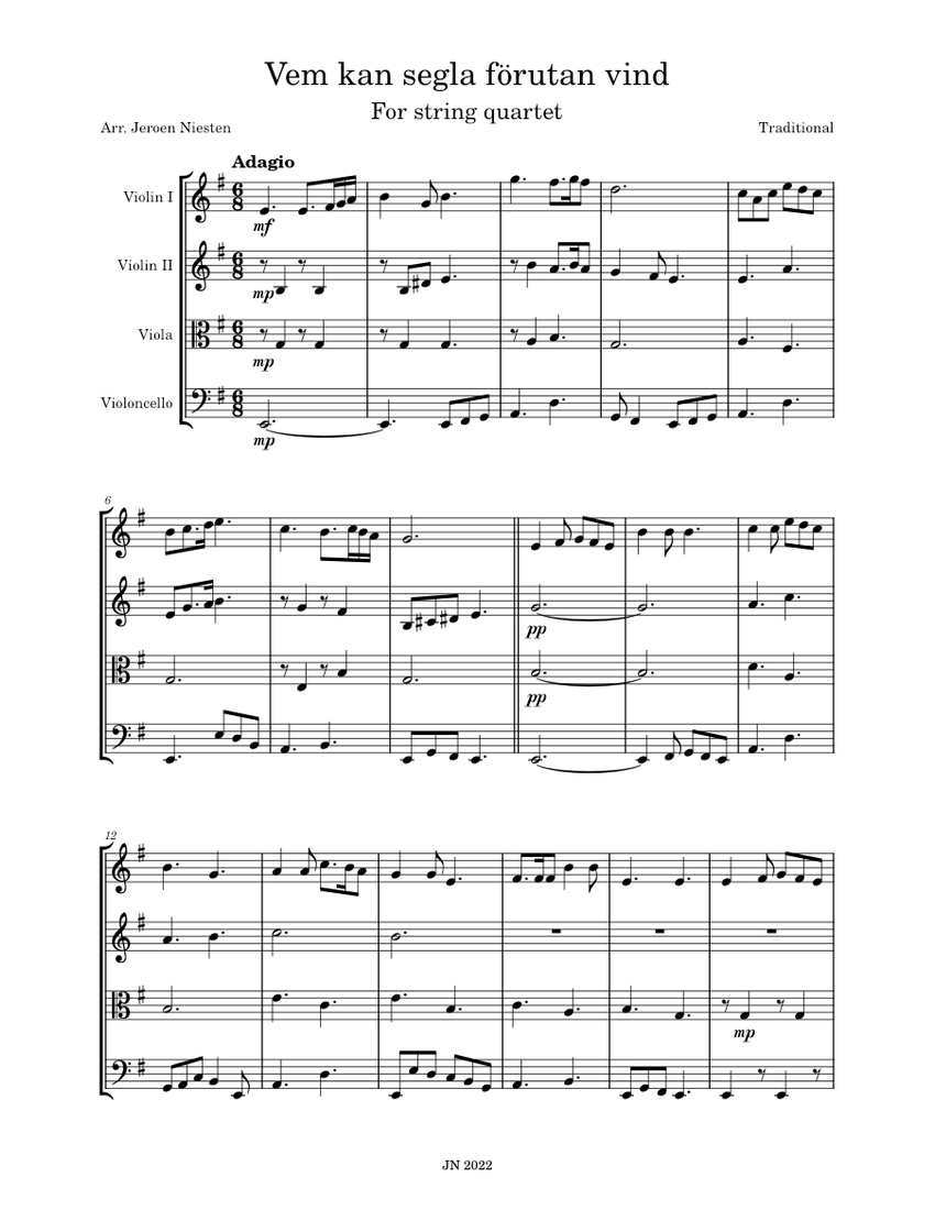 Vem kan segla förutan vind Sheet Music for Violin, Viola, Cello (String ...