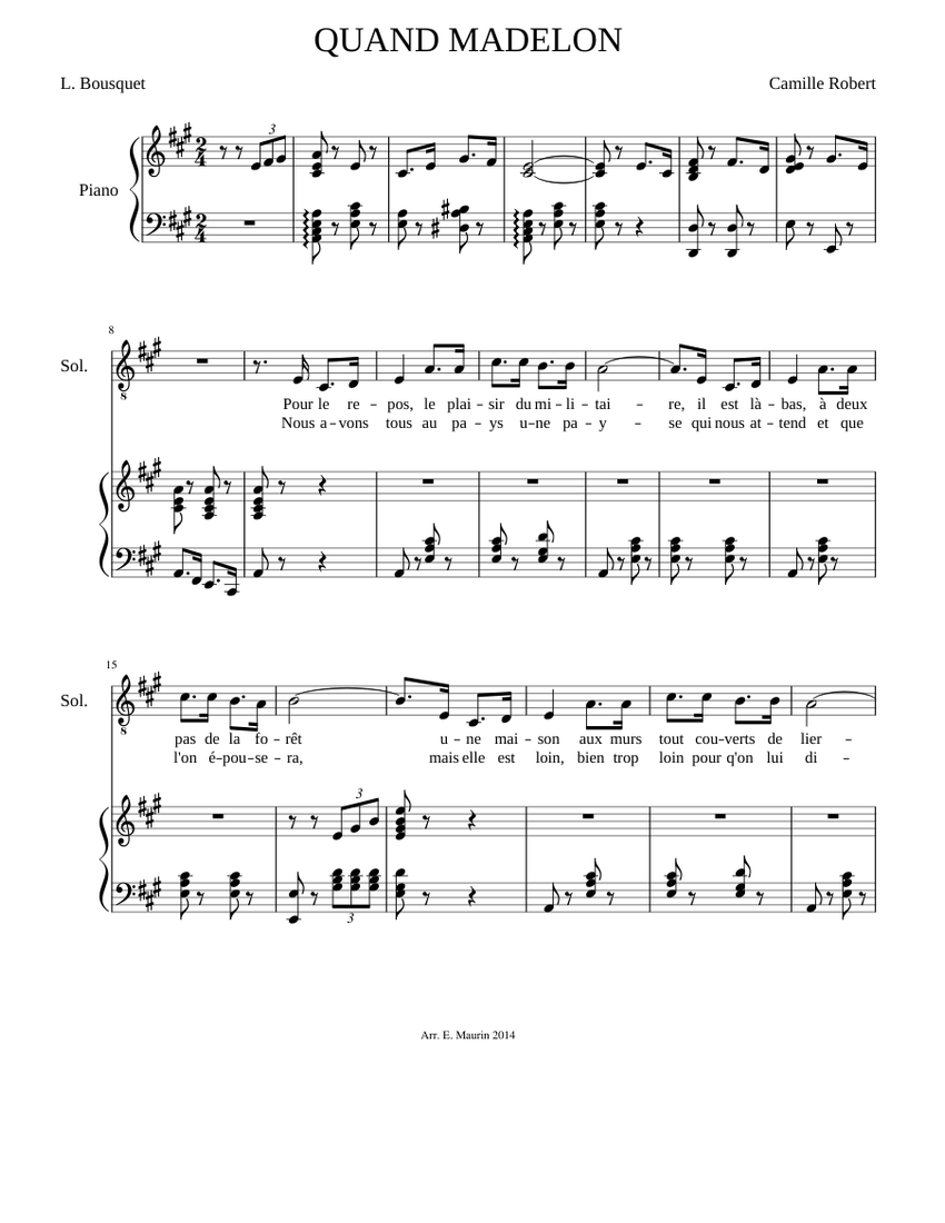 Quand Madelon – Camille Isidore Robert Sheet Music for Piano, Vocals, Synth voice, Synthesizer ...