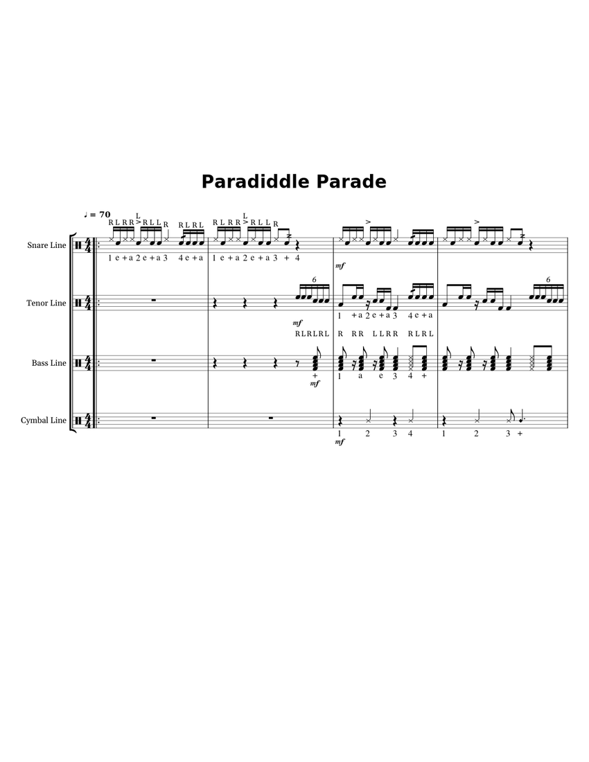 Paradiddle Parade Sheet Music for Snare drum, Crash, Tenor drum, Bass drum (Percussion Quartet ...