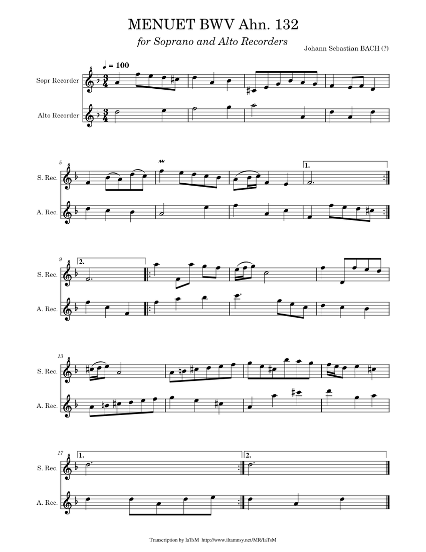 Minuet in D minor, BWV Anh.132 – Johann Sebastian Bach Sheet music for Recorder (Woodwind Duet ...