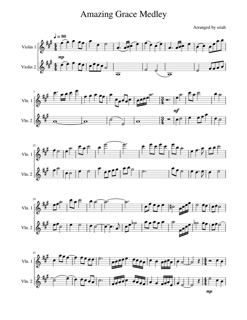 Amazing Grace Medley Sheet Music for Violin (String Duet) | MuseScore.com