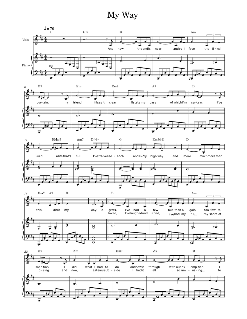 My way – Frank Sinatra Sheet Music with Chords for Piano, Vocals (Piano ...