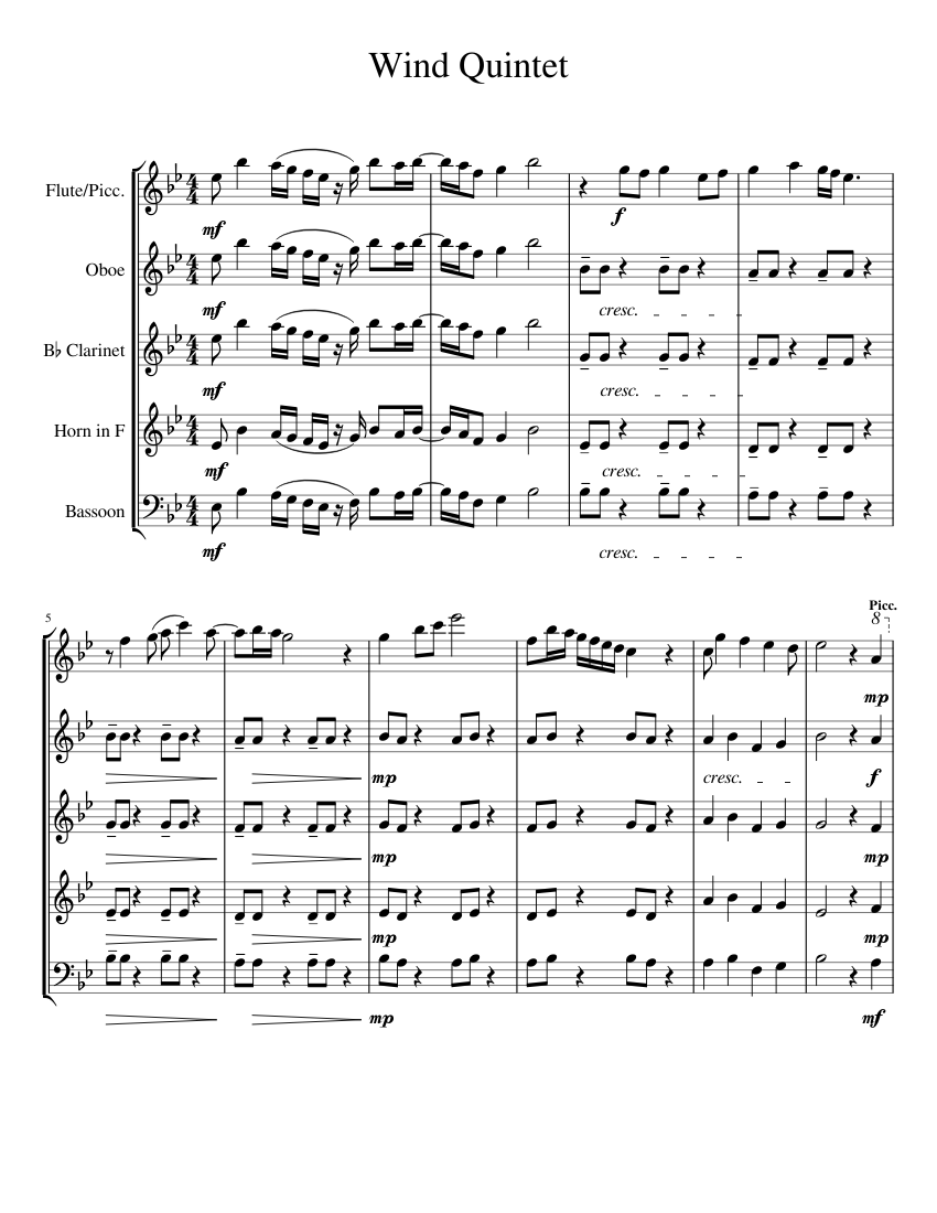 Wind Quintet Sheet music for Flute, Oboe, Clarinet in b-flat, Bassoon ...