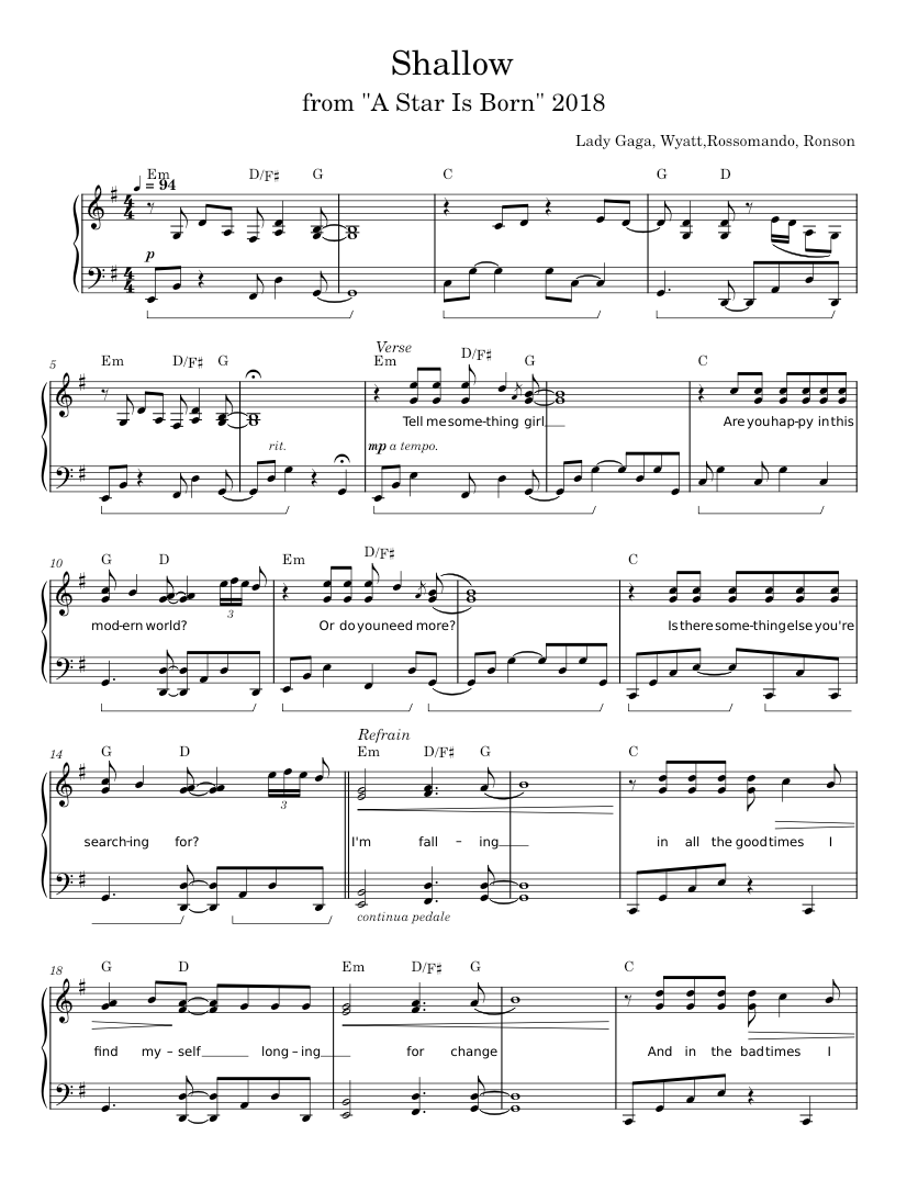 Shallow – Lady Gaga Sheet music for Piano (Solo) | Musescore.com
