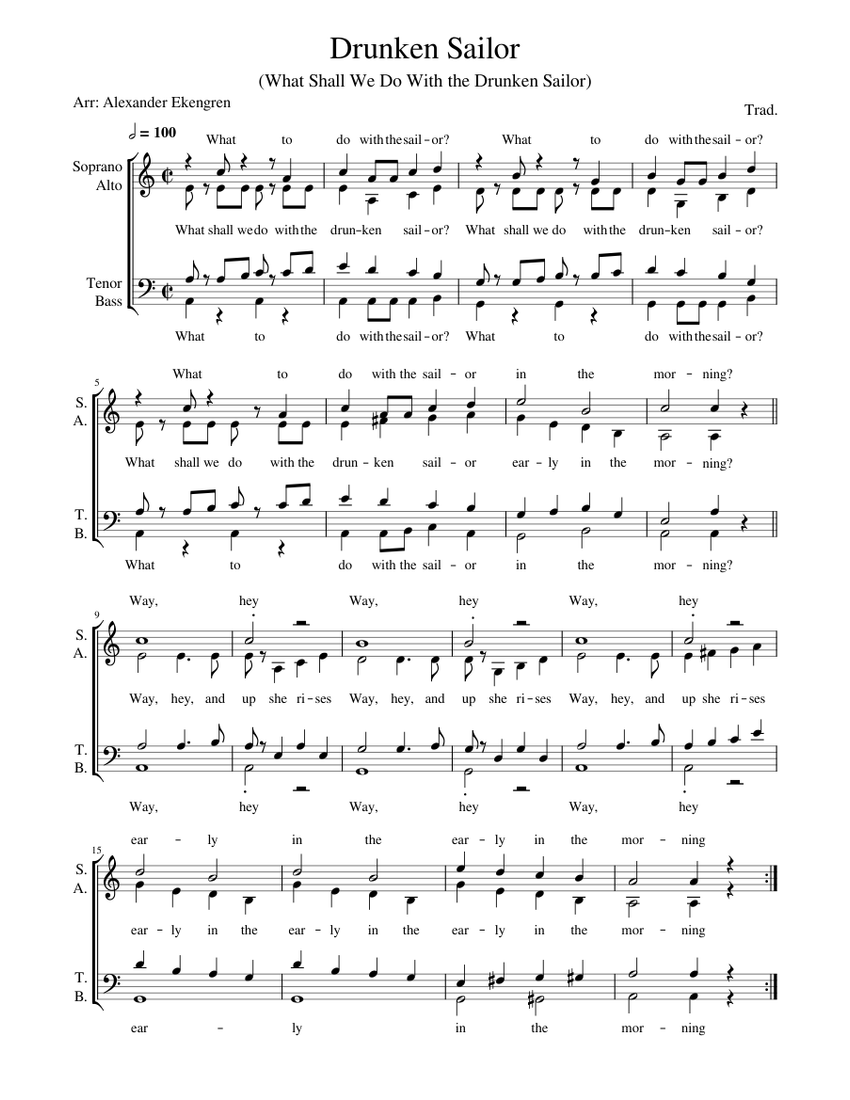 Drunken Sailor – Misc Traditional Sheet Music for Female, Male (SATB ...