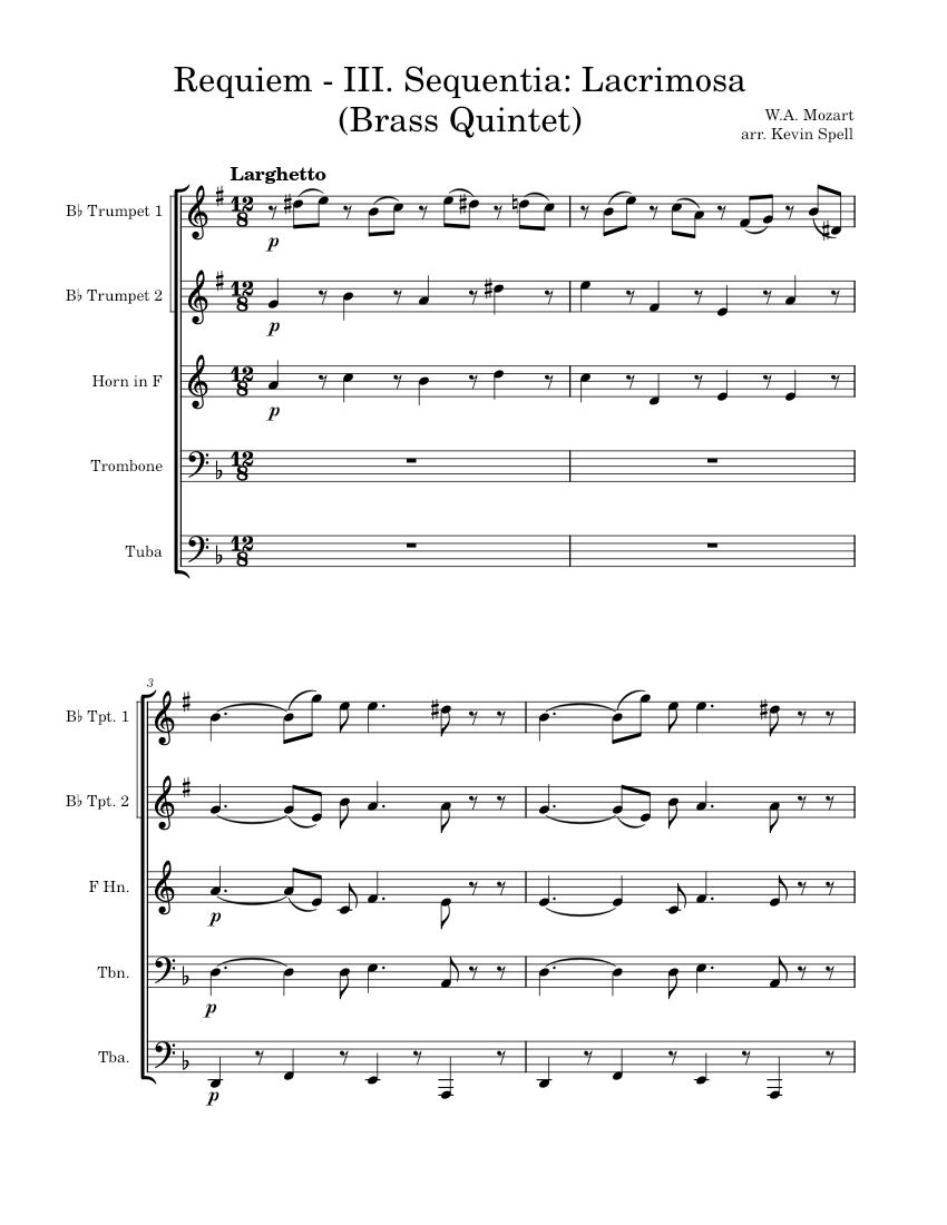 Requiem - III. Sequentia: Lacrimosa (Brass Quintet) - Mozart Sheet ...