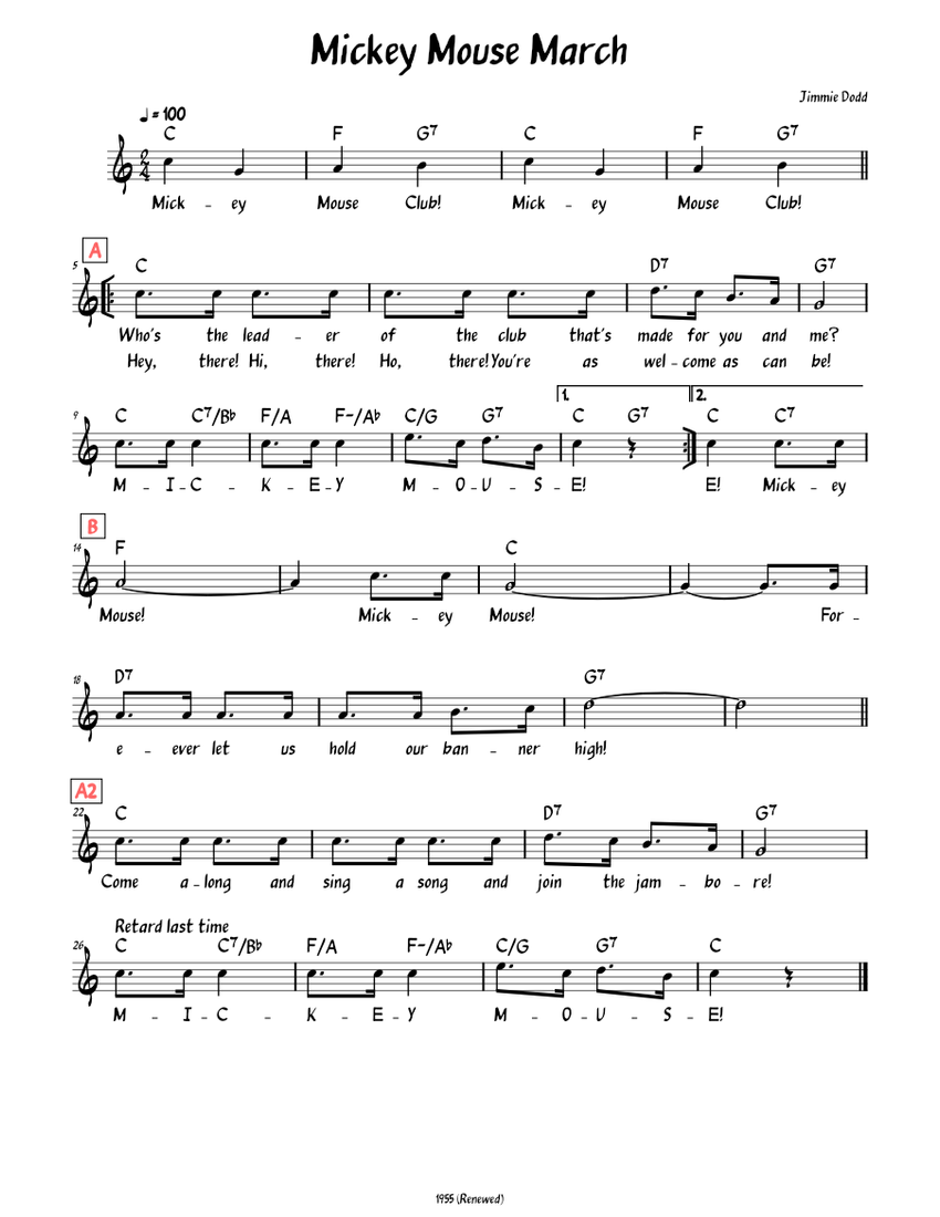 Mickey Mouse Club March (Lead sheet with lyrics ) Sheet Music with ...