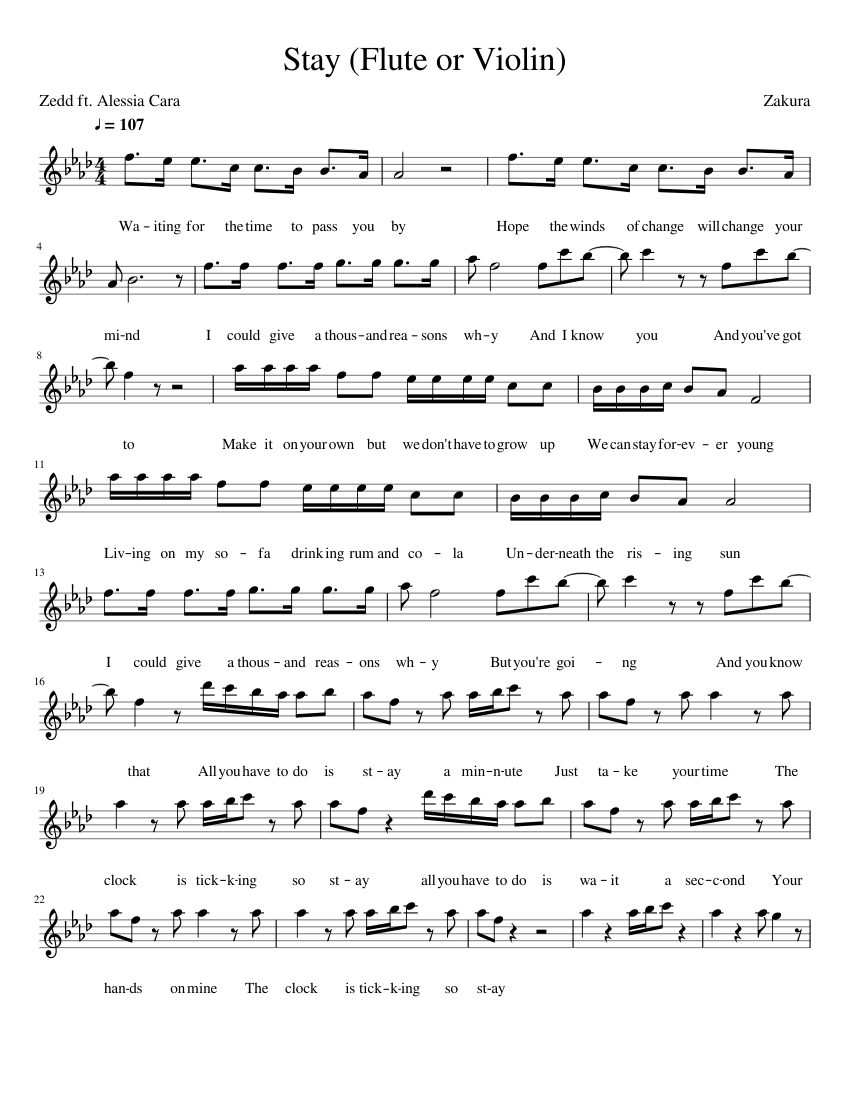 Zedd ft. Alessia Cara - Stay (Flute or Violin) Sheet music for Flute ...