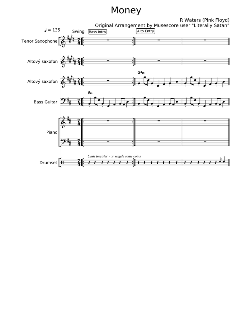 Pink Floyd - Money Sheet Music and Tab with Chords for Piano, Saxophone ...
