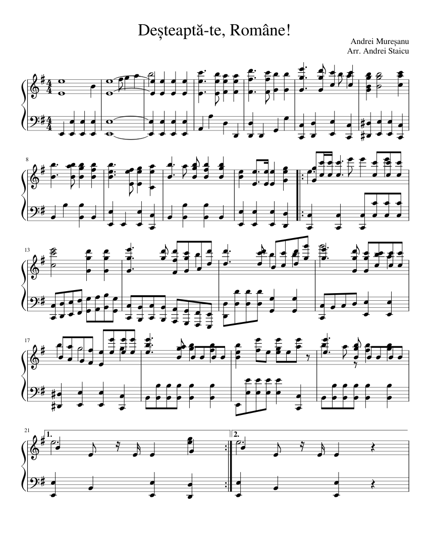 Deșteaptă-te, Române! (Romanian National Anthem) Sheet Music for Piano ...