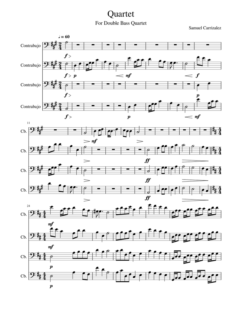 Double Bass Quartet Sheet Music for Contrabass (Chamber Orchestra ...