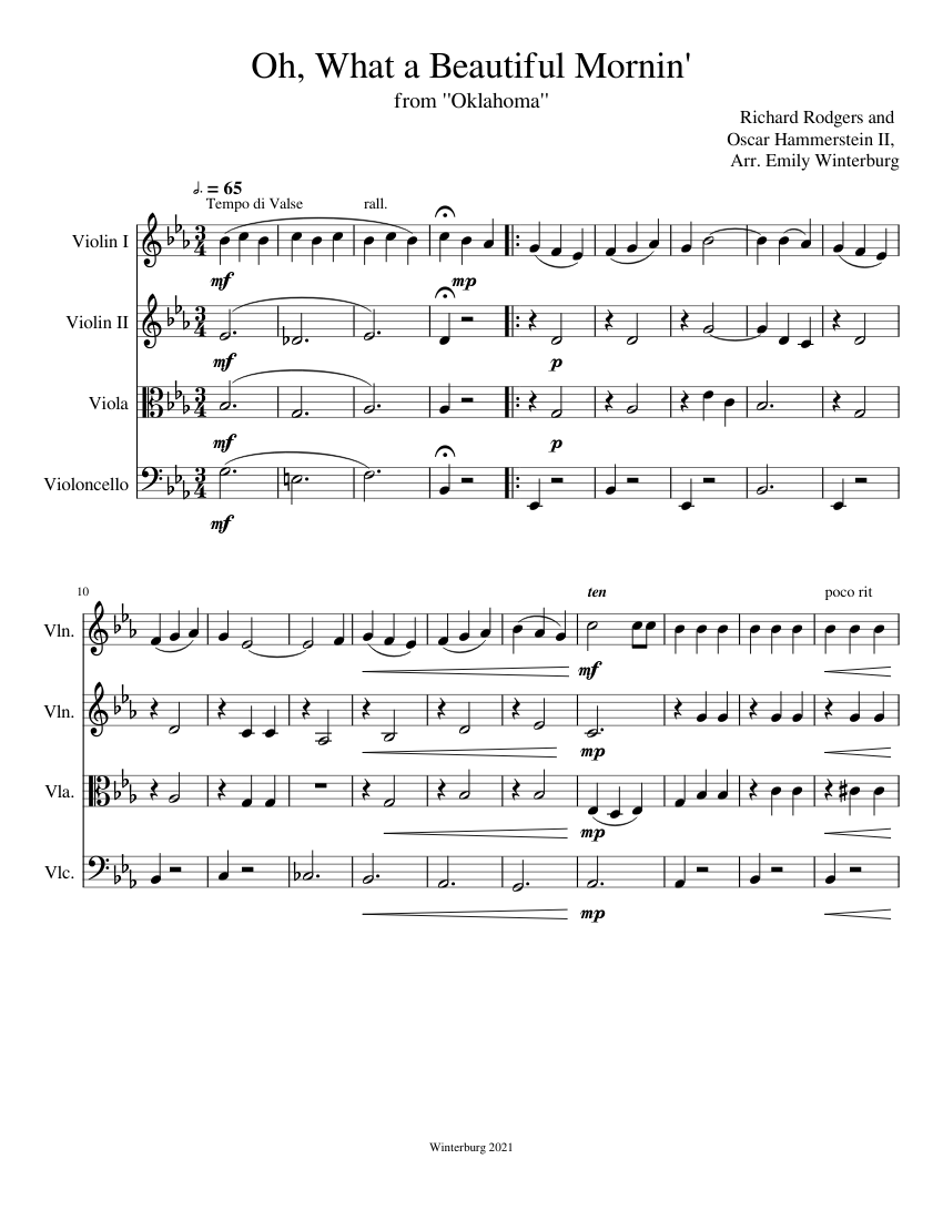 Oh, What a Beautiful Mornin' Sheet Music for Violin, Viola, Cello ...
