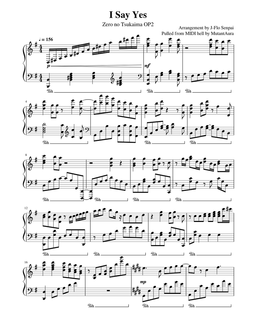 I say yes - Zero no Tsukaima OP 2 // J-Flo Senpai Sheet Music for Piano ...