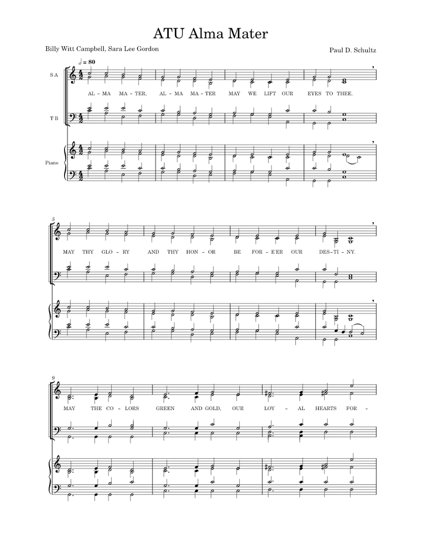 Arkansas Tech Alma Mater – Paul D. Schultz ATU Alma Mater Piano + SATB - Paul D. Schultz Sheet ...