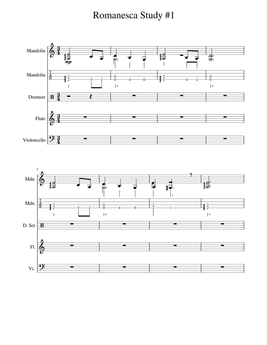 Romanesca Study #1 Sheet Music and Tab for Flute, Cello, Drum group ...