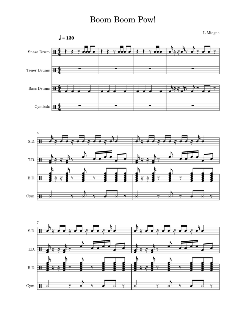 Boom Boom Pow! Sheet music for Snare drum, Crash, Tenor drum, Bass drum ...
