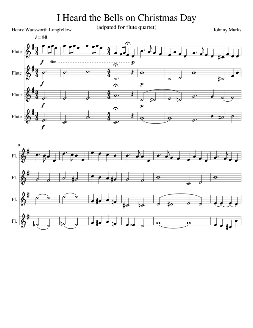 I Heard the Bells on Christmas Day Sheet music for Flute (Mixed Quartet ...