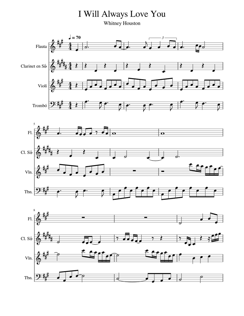 I Will Always Love You Sheet music for Trombone, Flute, Clarinet in b ...