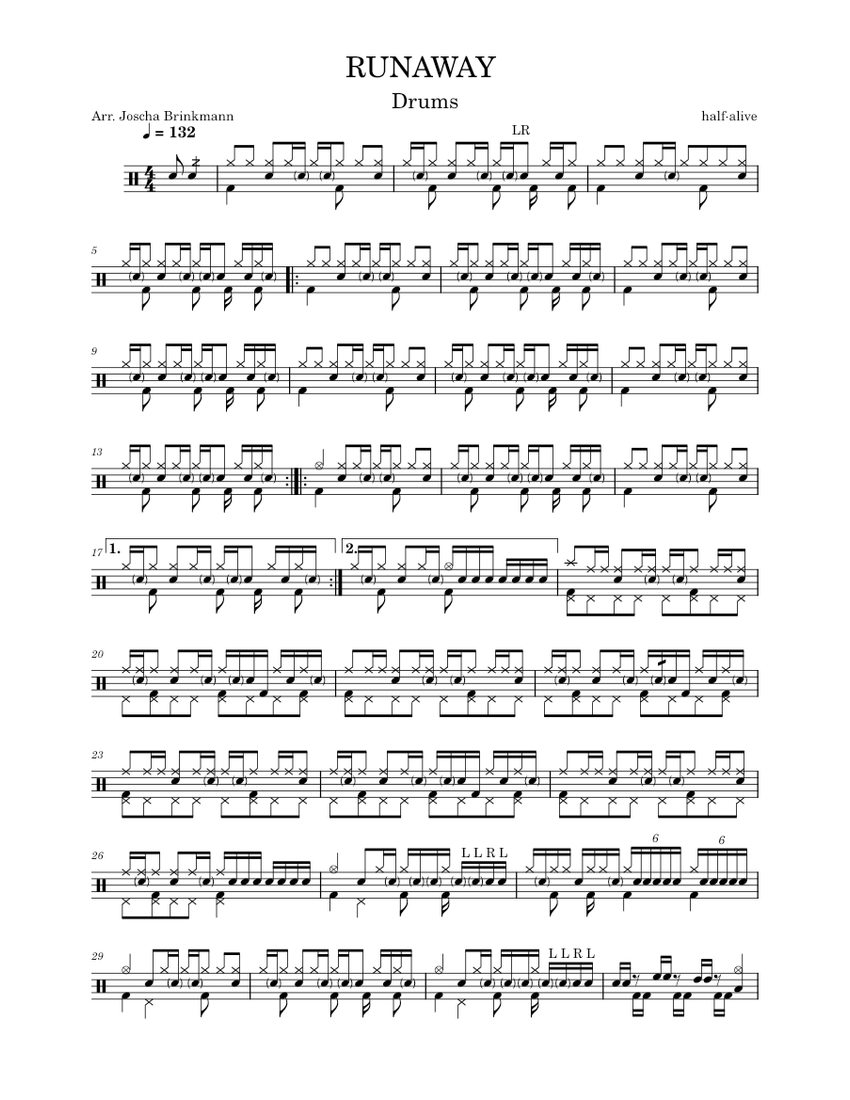 Runaway – half•alive RUNAWAY – half•alive Sheet music for Drum group ...