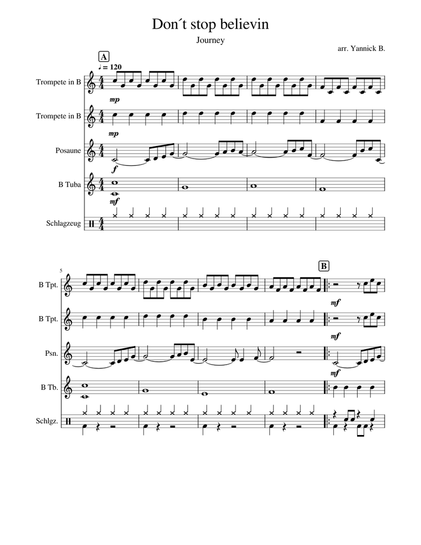 Journey - Dont stop believin Sheet music for Trombone, Tuba, Trumpet in b-flat, Drum group ...