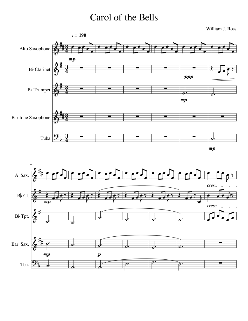 Carol of the Bells Piano Sheet music for Tuba, Clarinet in b-flat ...