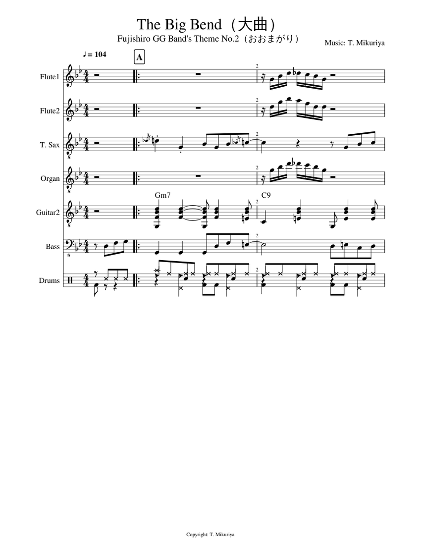 The Big Bend（大曲） Sheet music for Flute, Saxophone tenor, Guitar, Bass ...