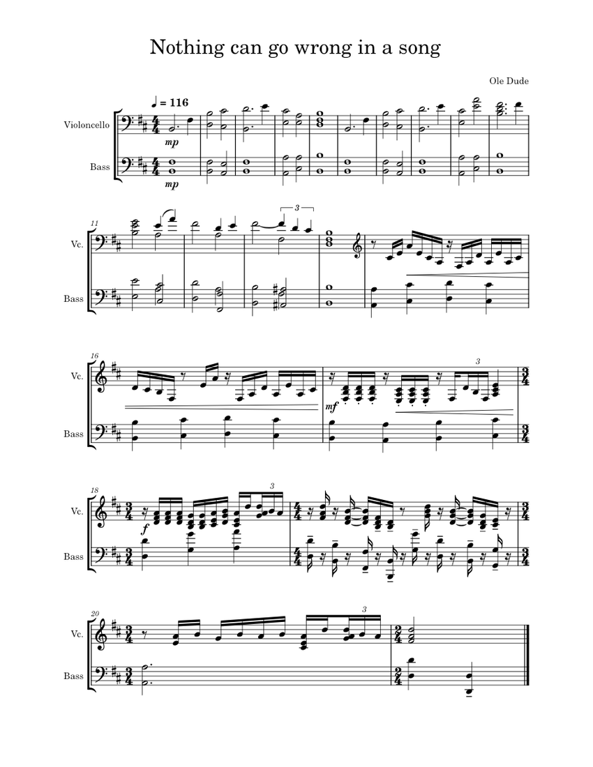 Nothing can go wrong in a song (w/bass) Sheet music for Contrabass ...