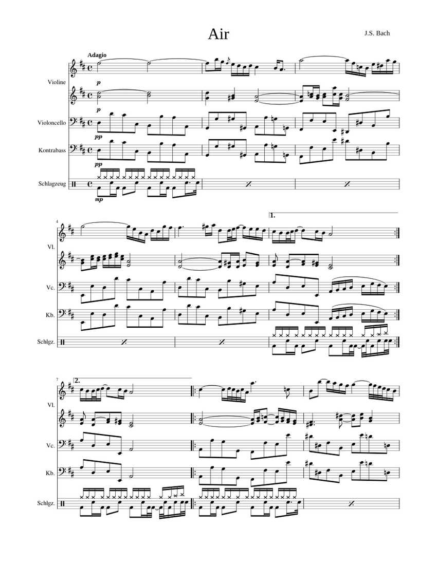 Air – Johann Sebastian Bach Sheet Music for Contrabass, Violin, Cello ...
