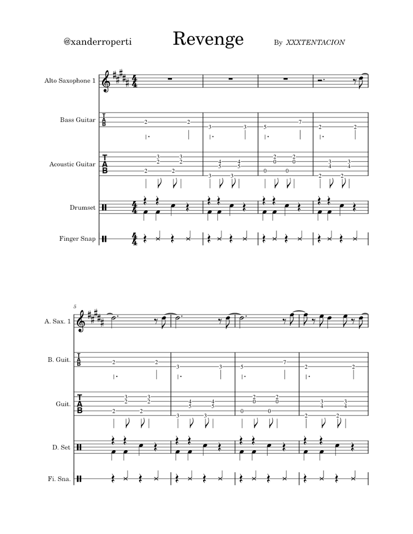 Revenge – XXXTENTACION Sheet Music and Tab for Saxophone alto, Guitar ...