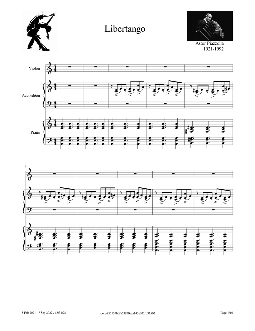 Libertango – Astor Piazzolla Sheet Music for Piano, Accordion, Violin (Mixed Trio) | MuseScore.com