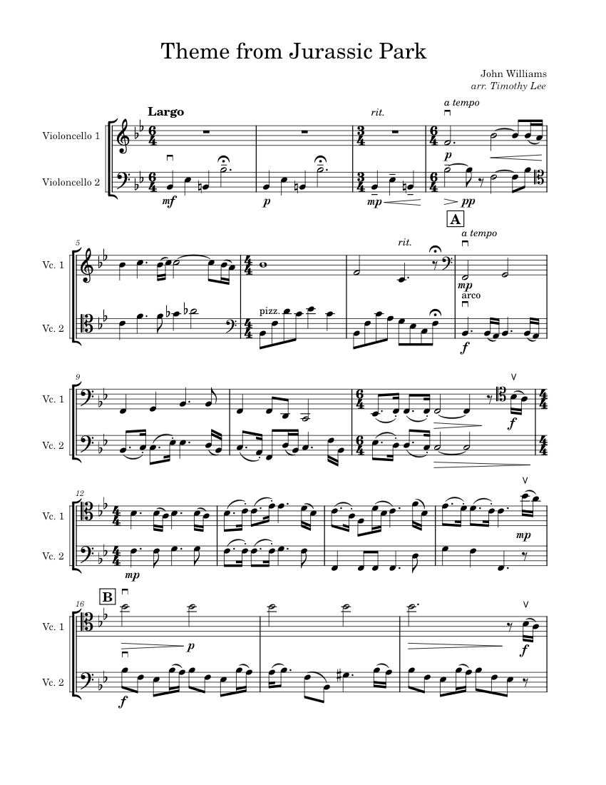 Jurassic park theme – John Williams Sheet Music for Cello (String Duet ...