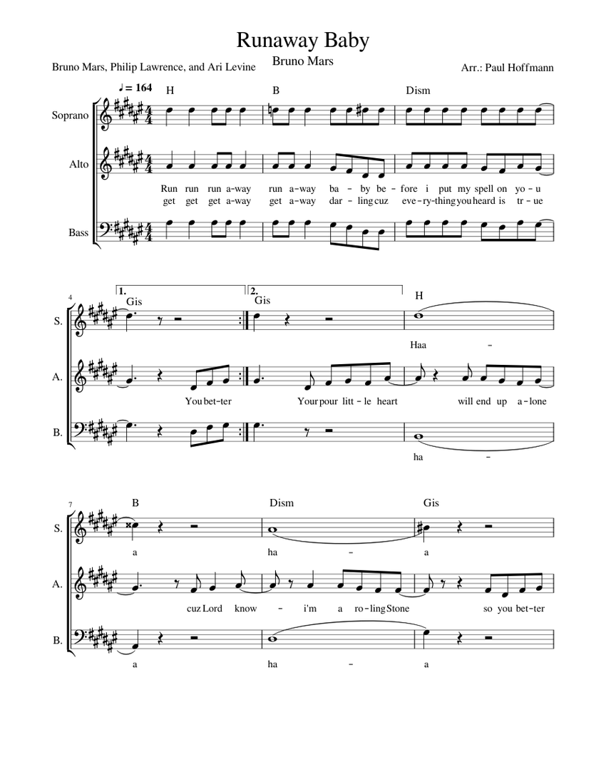 Runaway Baby - Bruno Mars | SAT Ref Sheet Music with Chords for Soprano ...