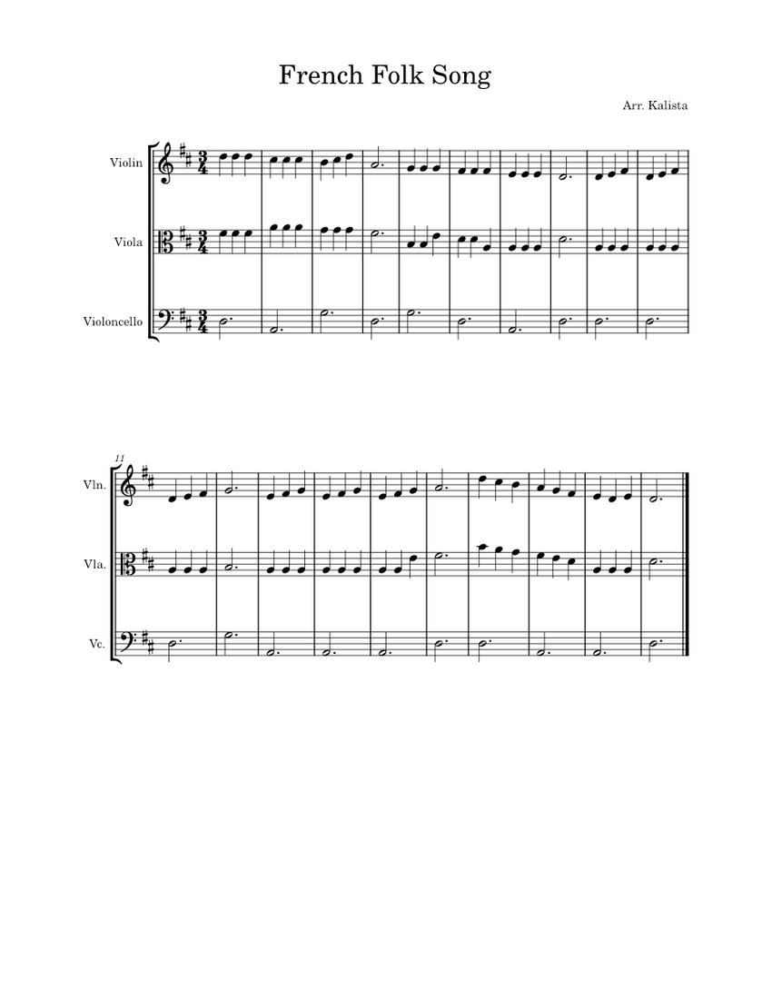 French Folk Song Sheet Music for Violin, Viola, Cello (String Trio ...