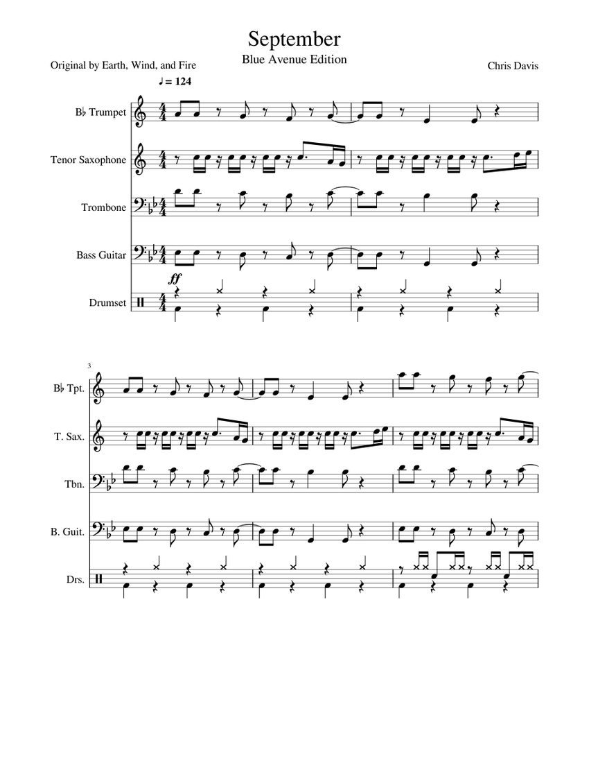 September Sheet music for Trombone, Saxophone tenor, Trumpet in b-flat ...