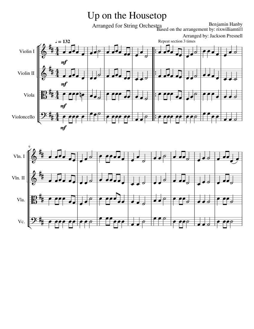 Up on the Housetop Sheet Music for Violin, Viola, Cello (String Quartet ...