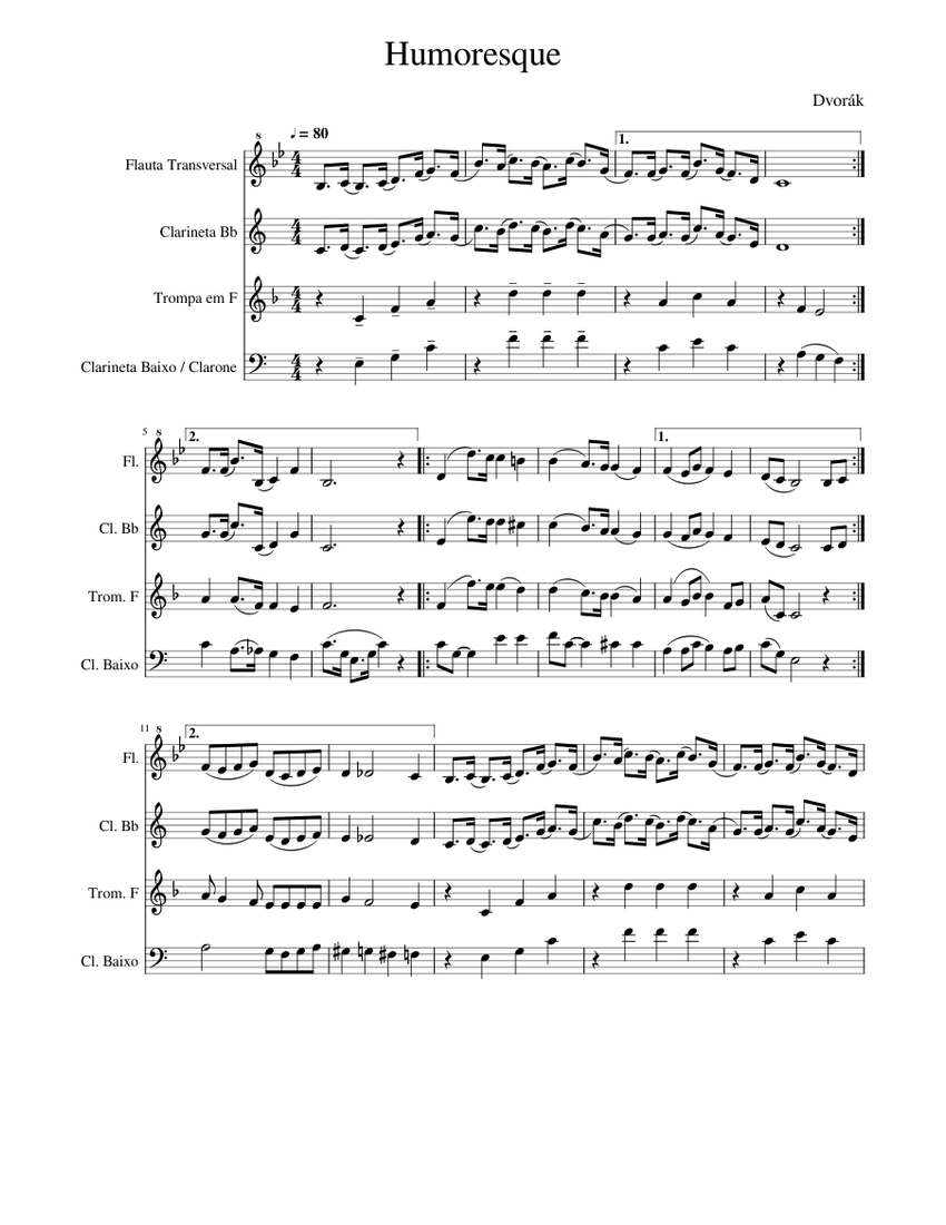 Humoresque Sheet music for Flute, Clarinet in b-flat, Clarinet bass ...