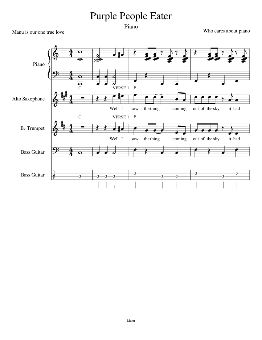 Purple People Eater (Piano, Alto Sax, Trumpet, Bass with tab and sheet ...